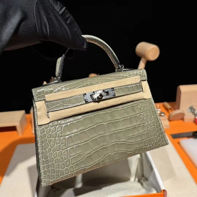 Crocodile Embossed Leather Inspired Kelly Bag Silver Hardware – HANDSEWGIFT